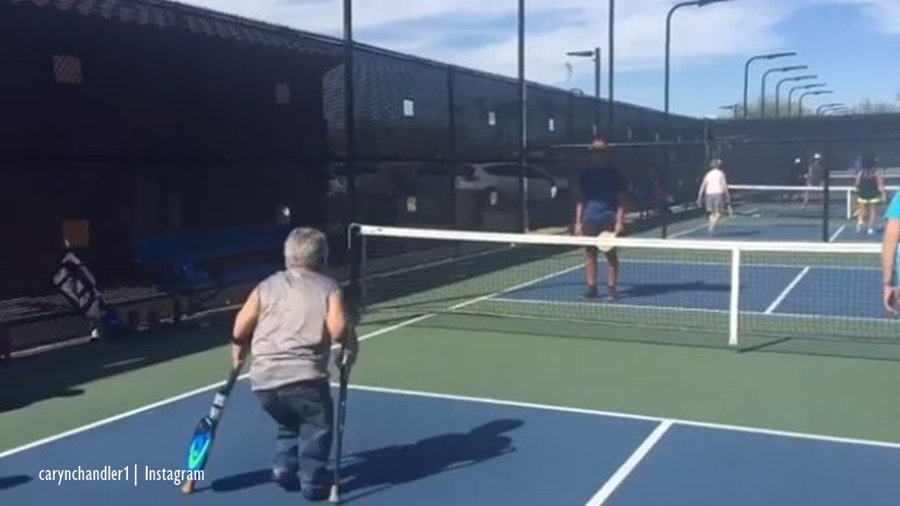 LP, BW: Matt Roloff and Caryn play pickle ball, Matt on his crutches